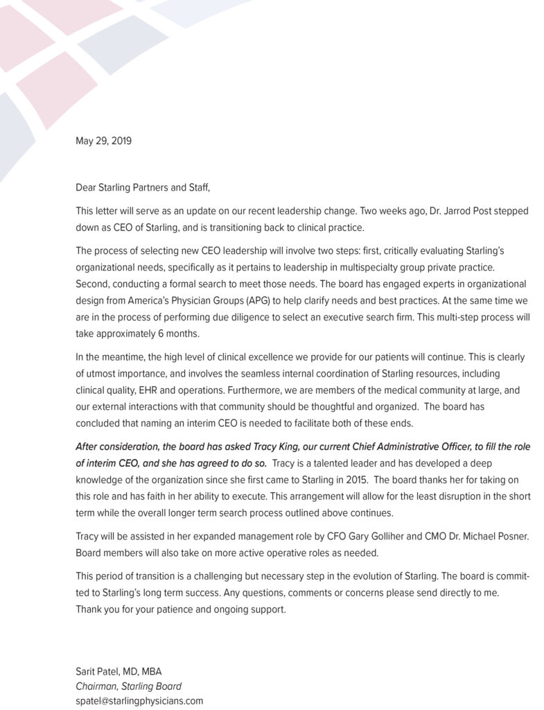 Transition in Leadership - Starling Physicians